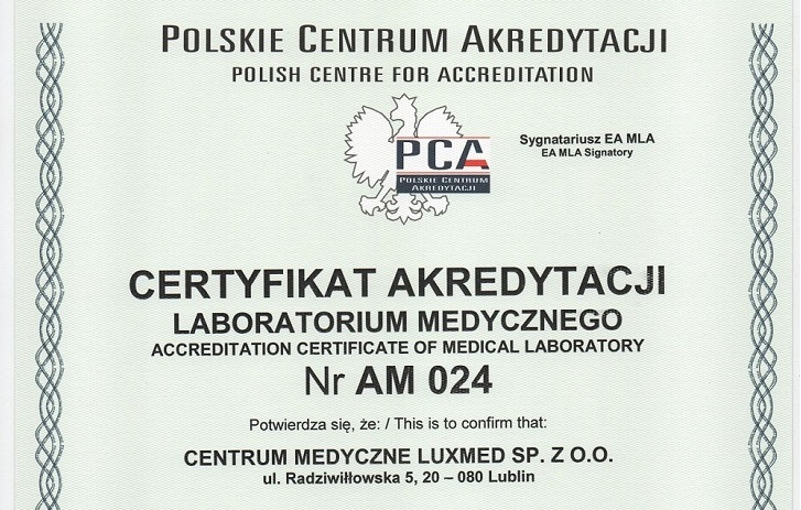 Akredytacja Laboratorium CM LUXMED - CM Luxmed Lublin